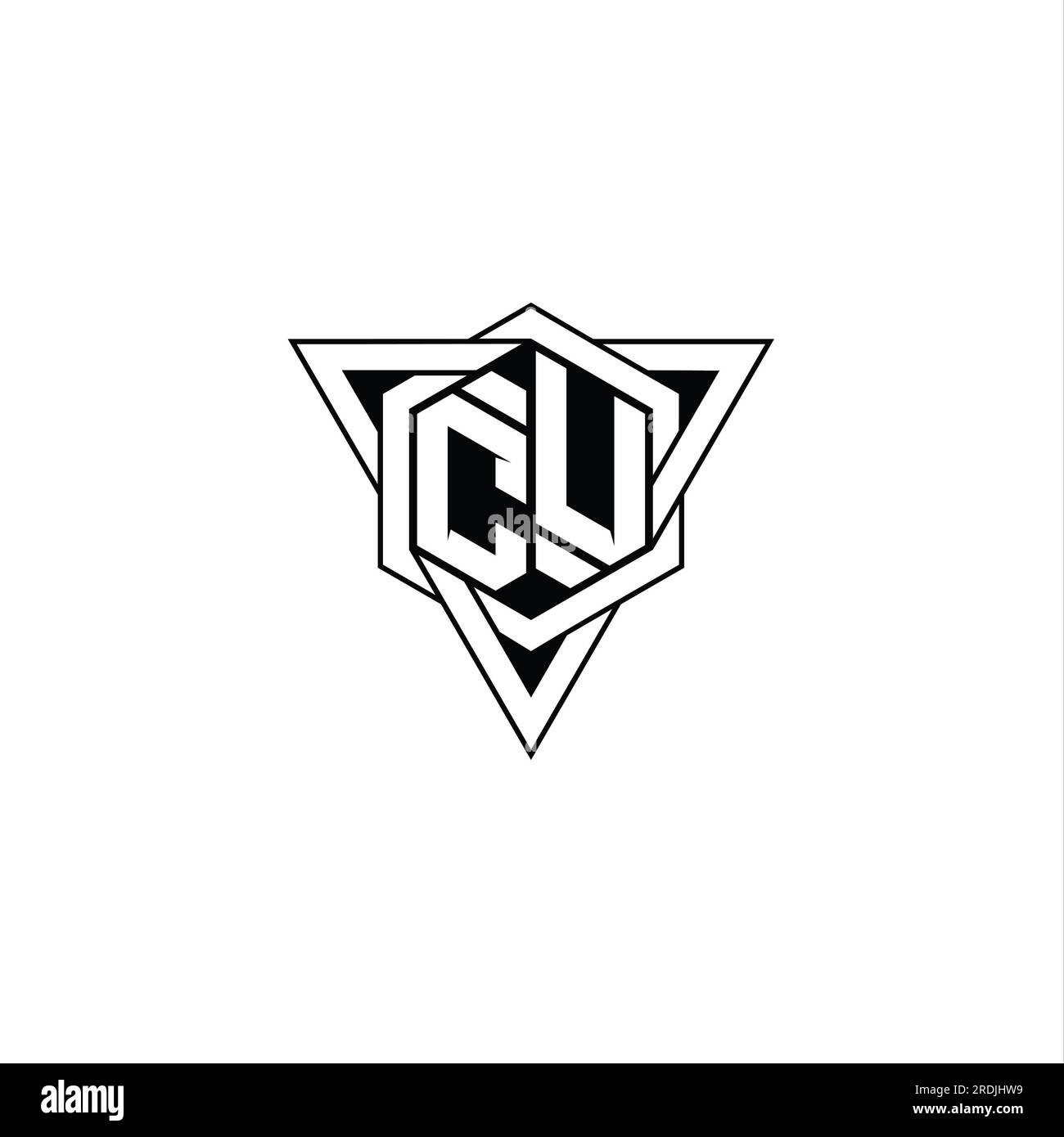 CU Letter Logo monogram hexagon shape with triangle geometric outline sharp modern style design ...