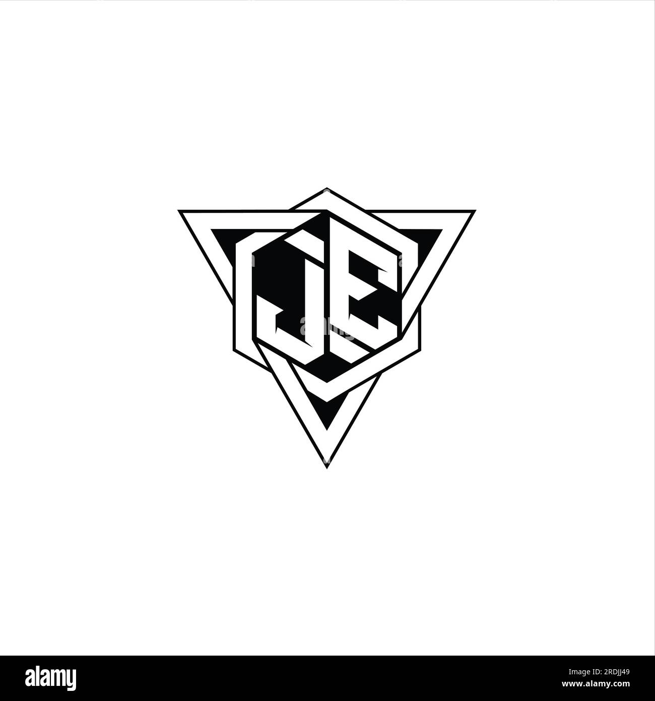 JE Letter Logo monogram hexagon shape with triangle geometric outline sharp modern style design ...
