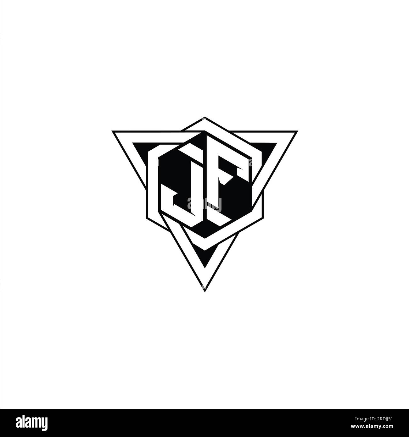 JF Letter Logo monogram hexagon shape with triangle geometric outline sharp modern style design ...