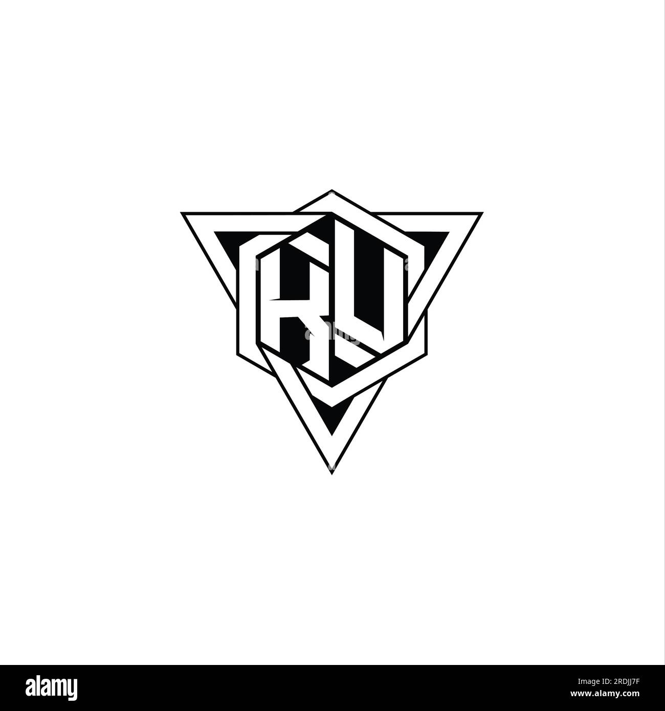KU Letter Logo monogram hexagon shape with triangle geometric outline sharp modern style design ...
