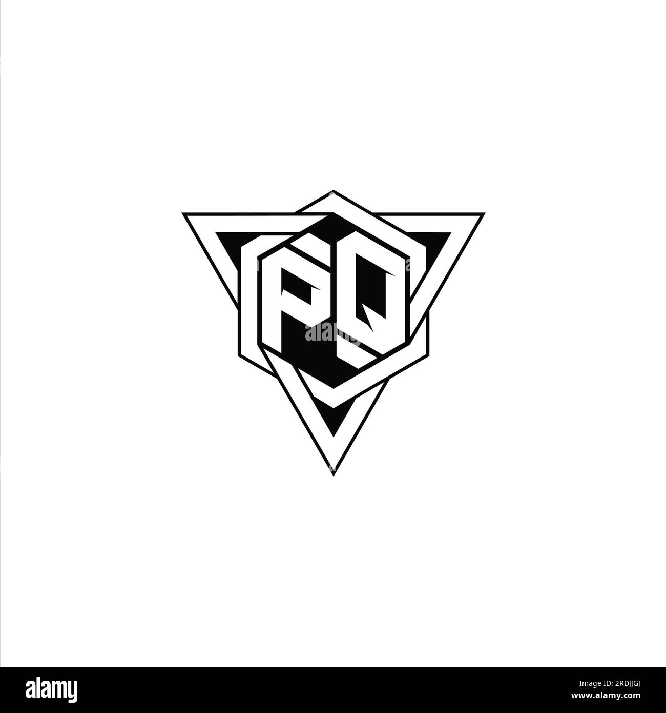 PQ Letter Logo monogram hexagon shape with triangle geometric outline sharp modern style design ...