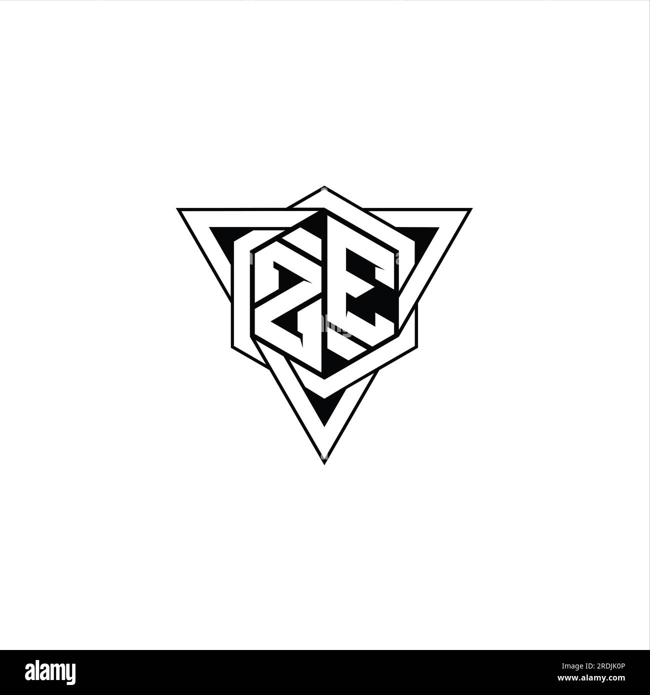 ZE Letter Logo monogram hexagon shape with triangle geometric outline sharp modern style design ...