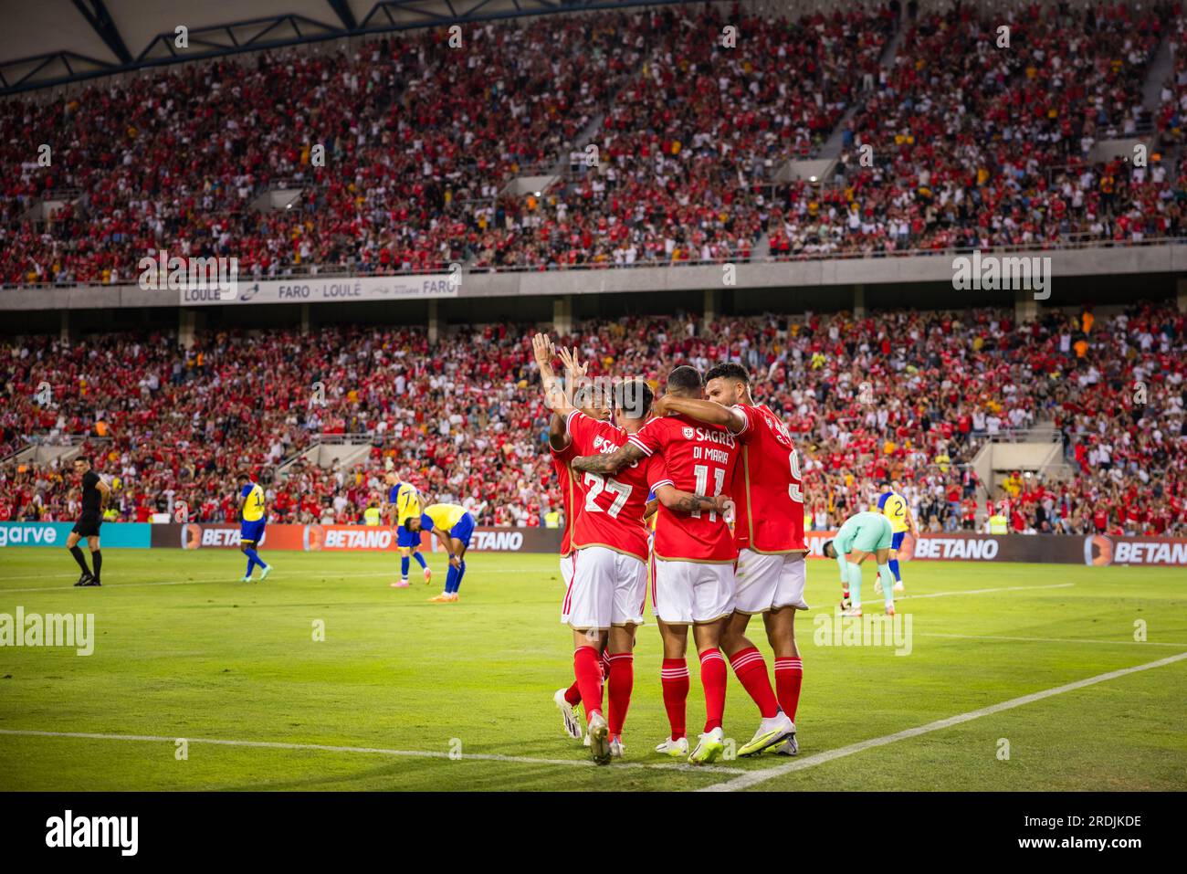 Faro, Portugal. 20th July, 2023. SL Benfica team celebrates a goal of ...