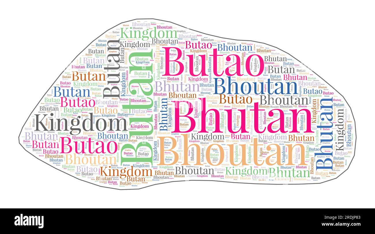 Bhutan shape filled with country name in many languages. Bhutan map in ...