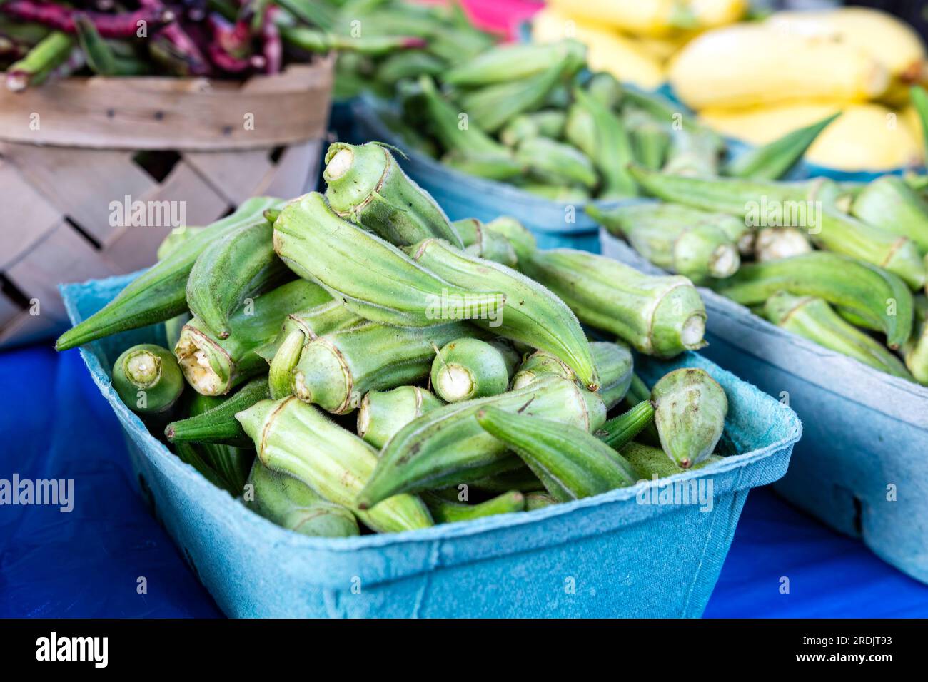 Freshly picked okra piled in cartons on display at a local southern ...