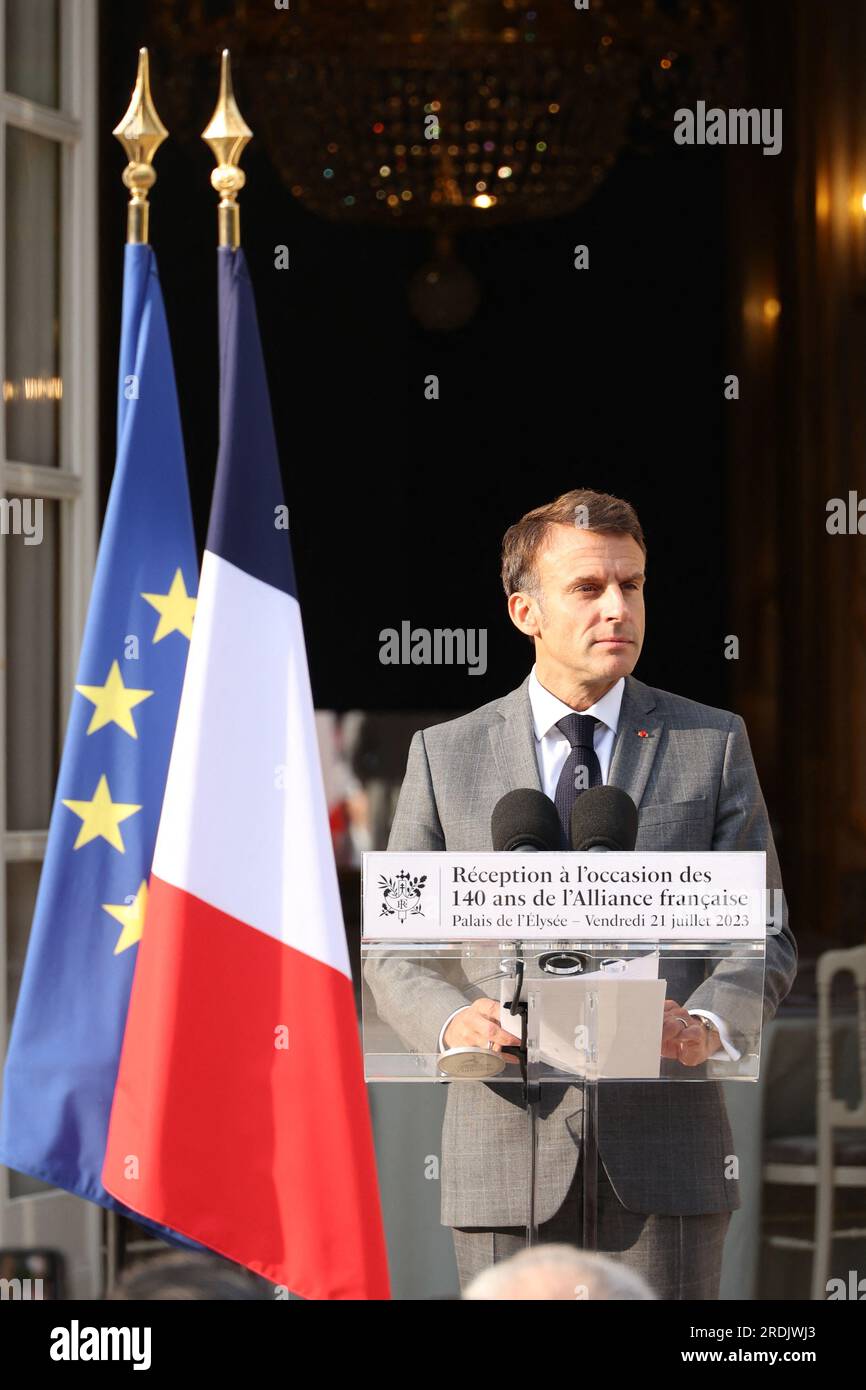 Paris, France. 21st July, 2023. French President Emmanuel Macron gives ...