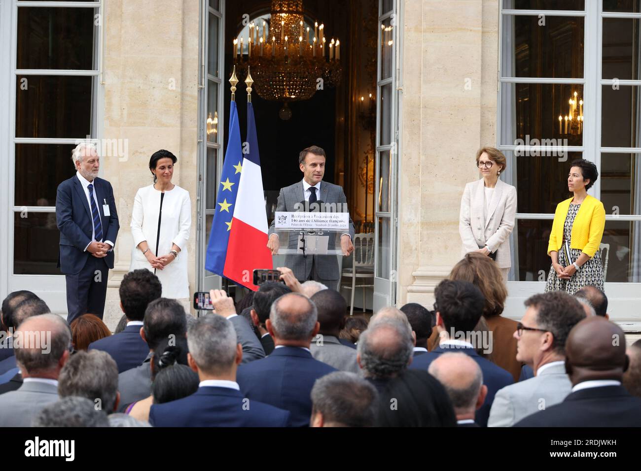 Paris, France. 21st July, 2023. French President Emmanuel Macron gives ...