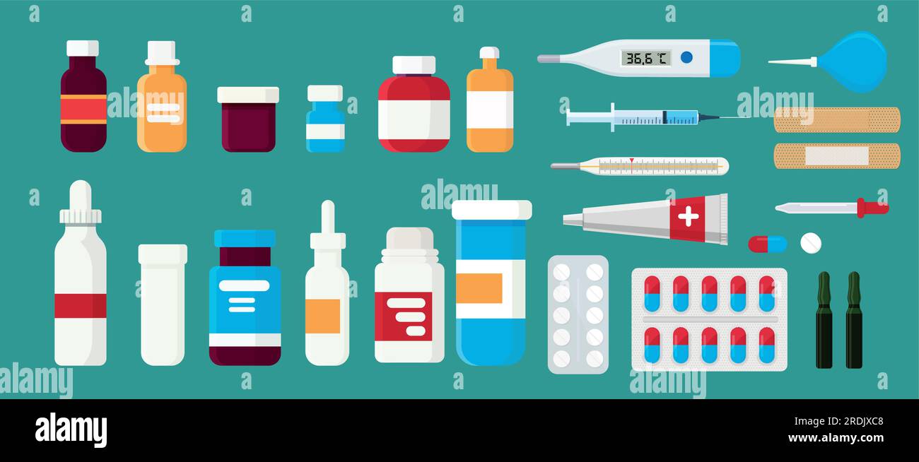 Pharmacy set items. Medicines, medical products. Vector illustration in ...