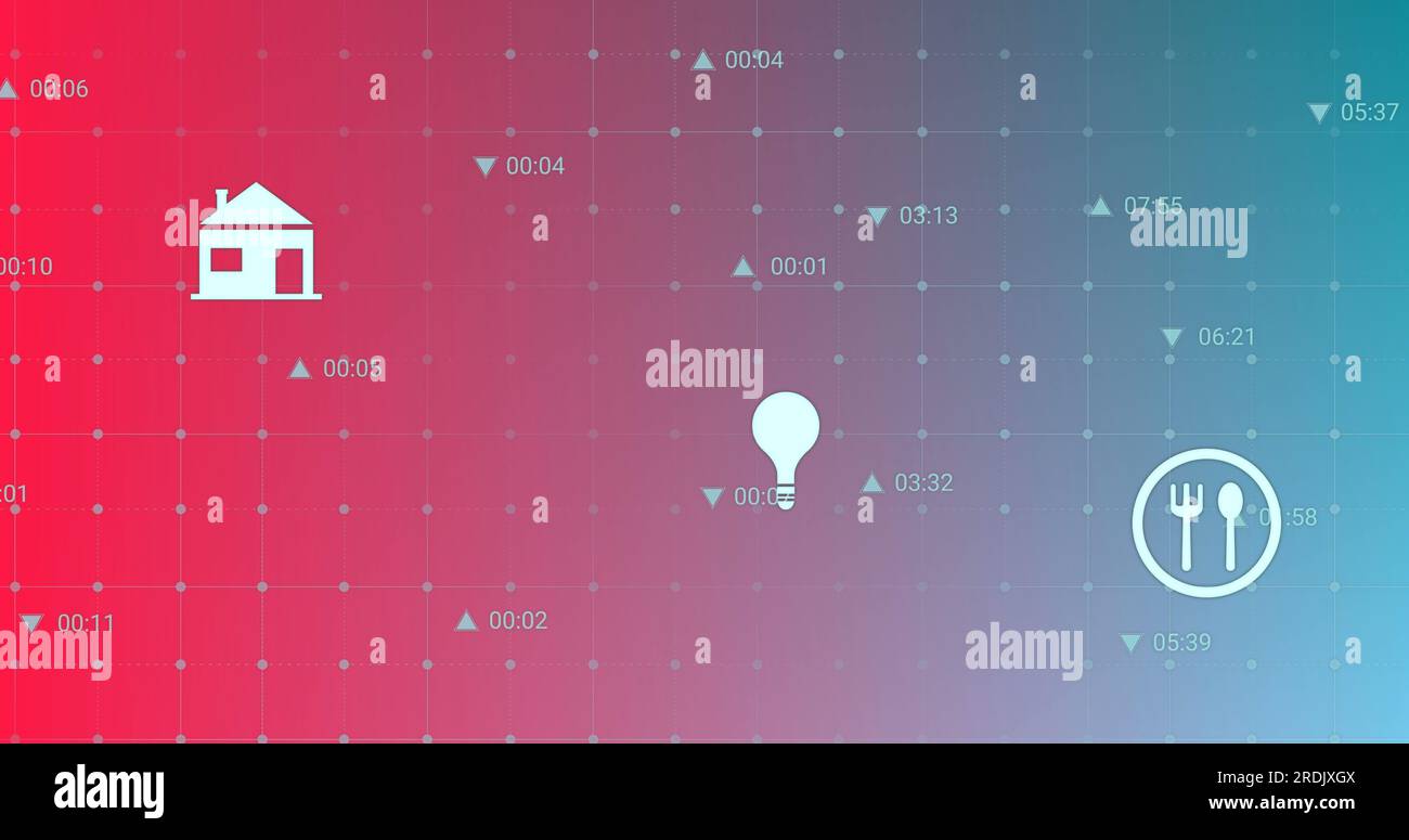 Image of multiple icons and changing numbers over grid pattern against ... Image of multiple icons and changing numbers over grid pattern against ...
