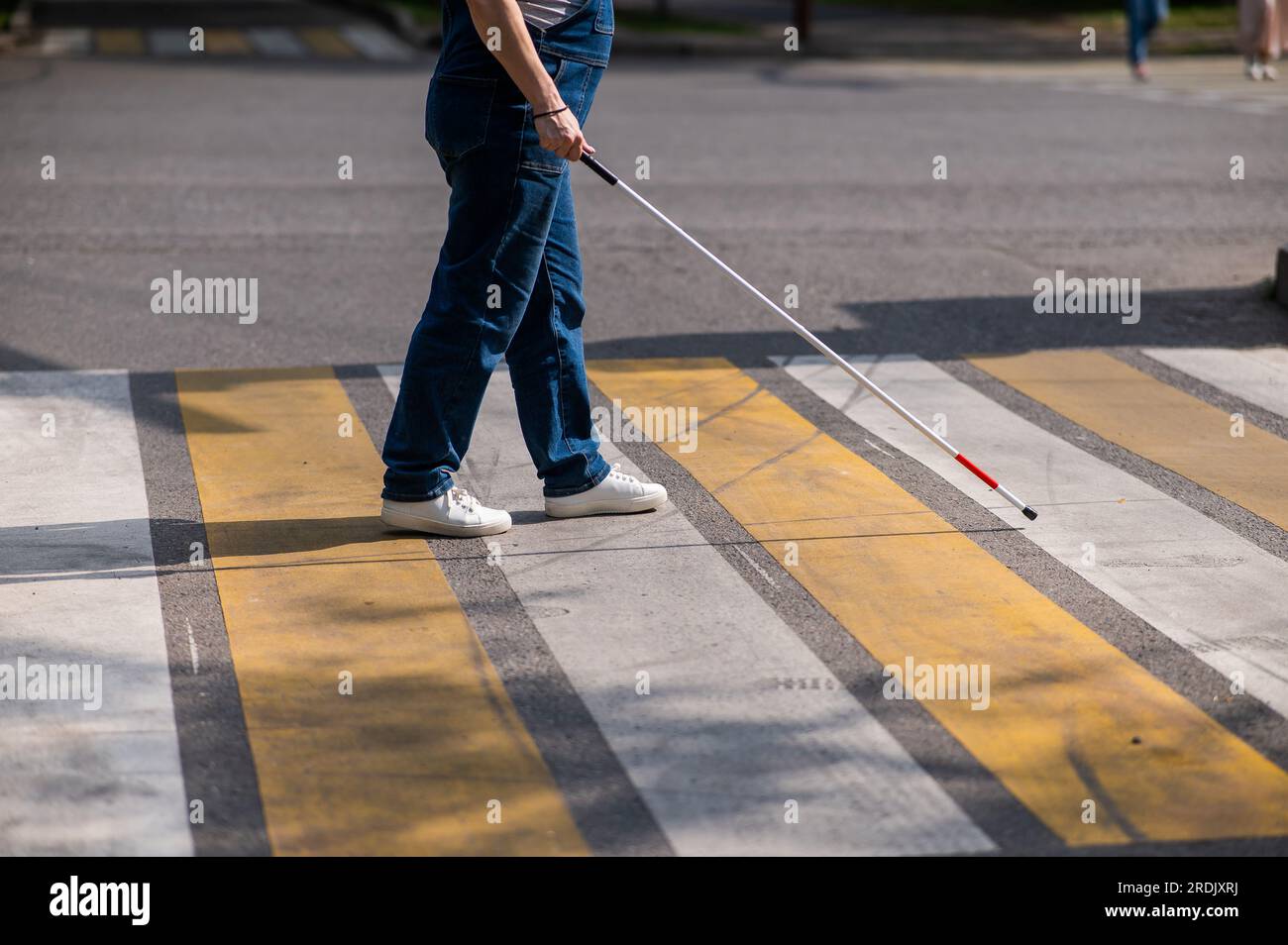Close-up of the legs of a blind woman crossing the road at a crosswalk ...