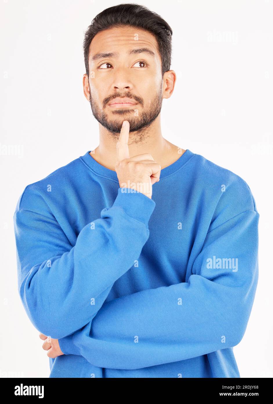 Asian man, thinking face and ideas in studio, white background and ...