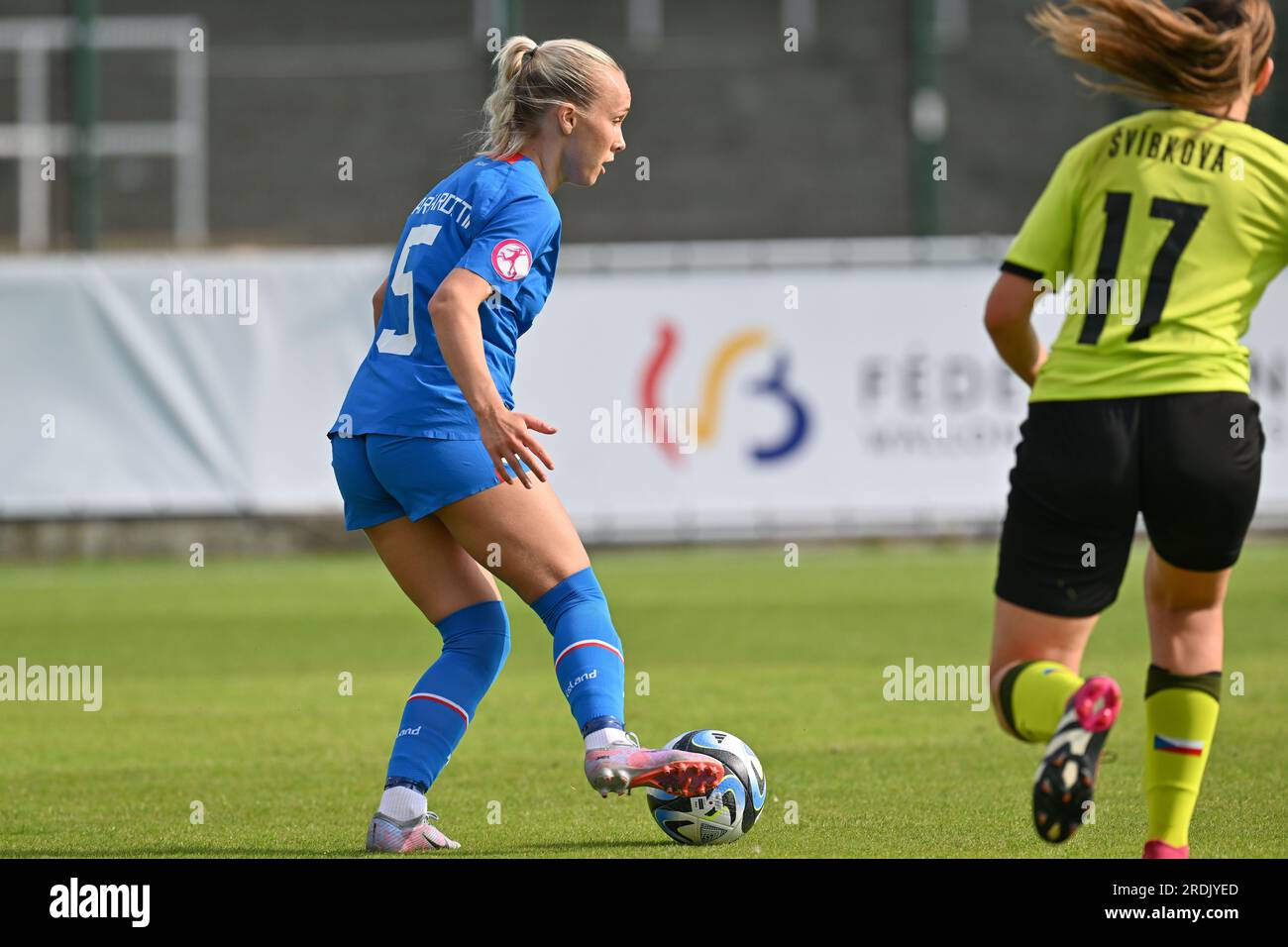 La Louviere, Belgium. 21st July, 2023. Eyrun Embla Hjartardottir (5) of Iceland pictured during ...