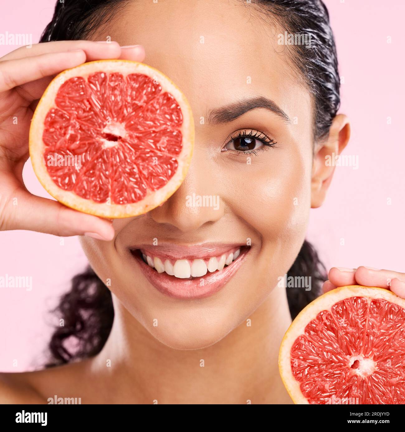 Grapefruit, beauty and face portrait of a woman with skin care ...