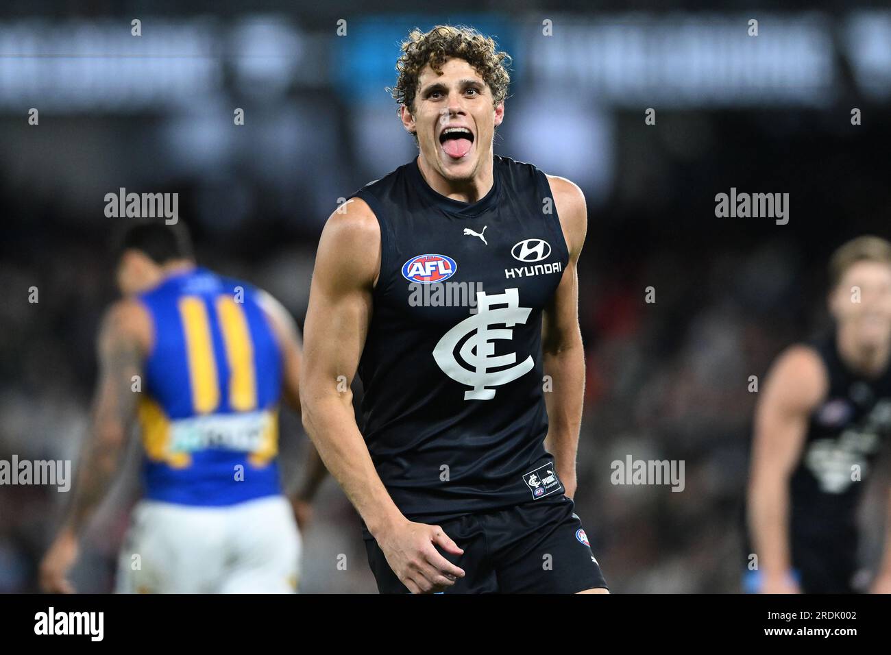 Melbourne, Australia. 22nd July, 2023. Charlie Curnow of Carlton reacts ...