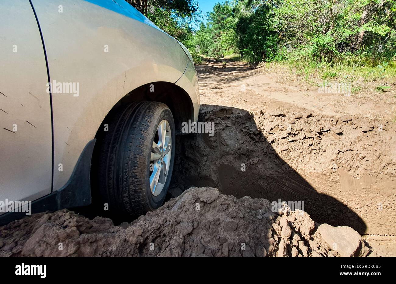 The car hit the front wheel in a deep hole on the road in the forest ...