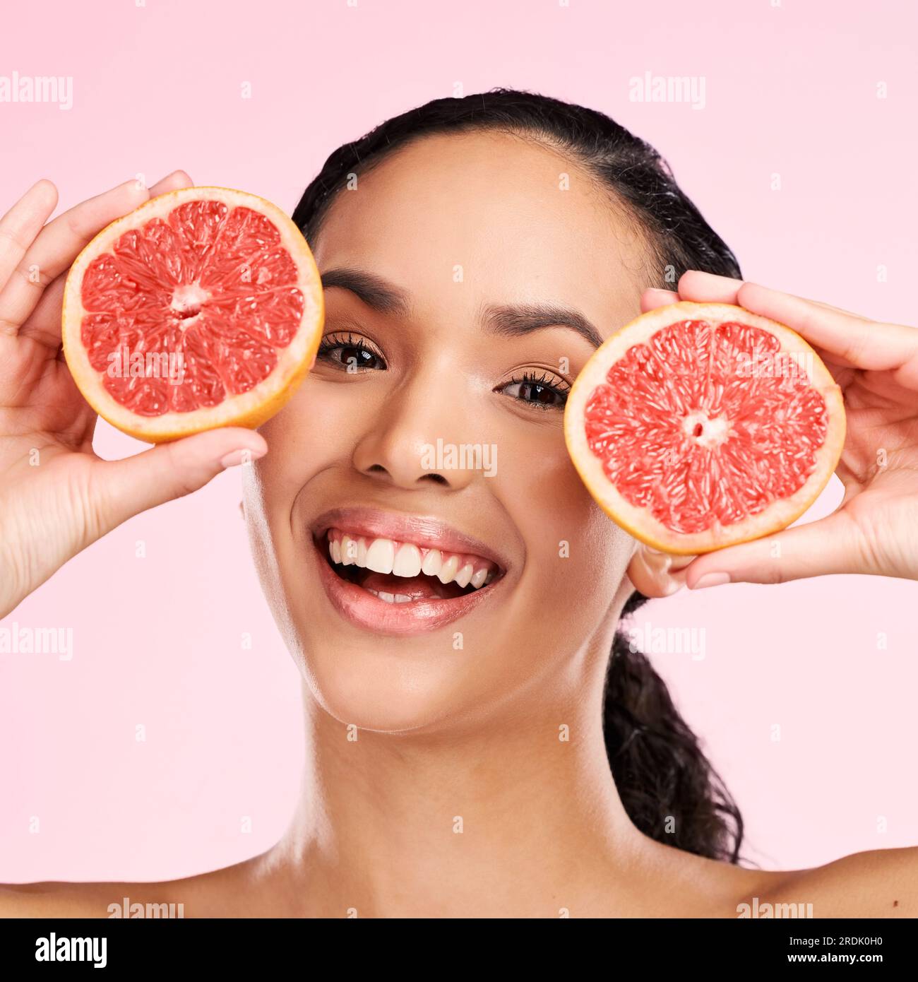 Face, grapefruit and beauty portrait of a woman with skin care ...