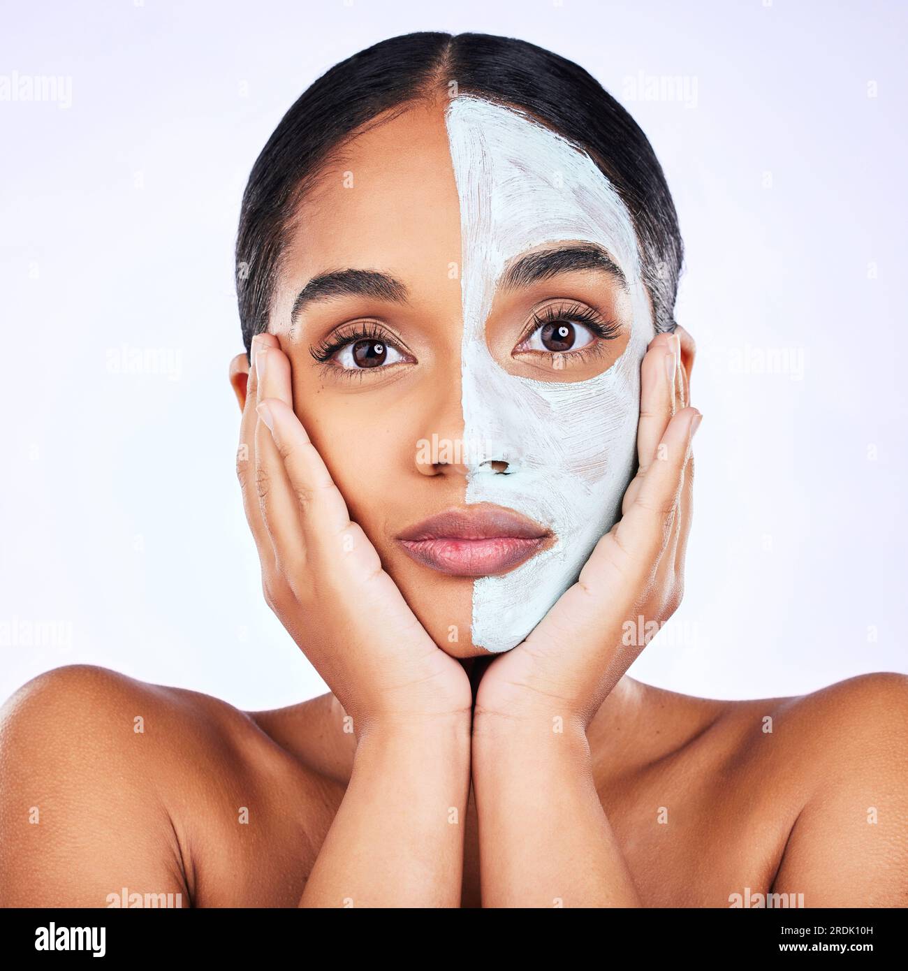 Face mask, portrait and woman in studio skincare, half and cosmetic ...