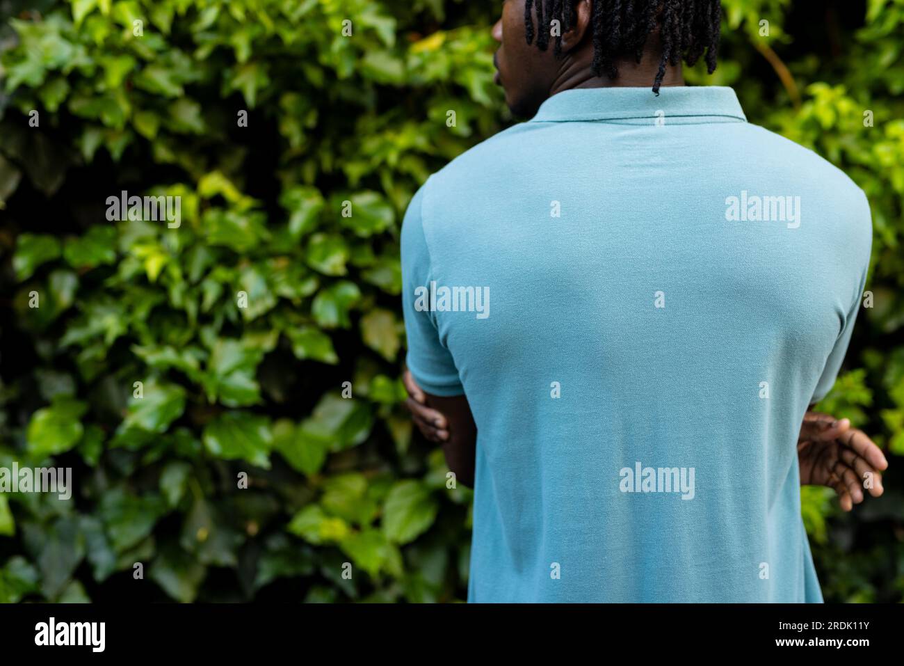 Rear view of african american man with dreadlocks wearing pale blue ...