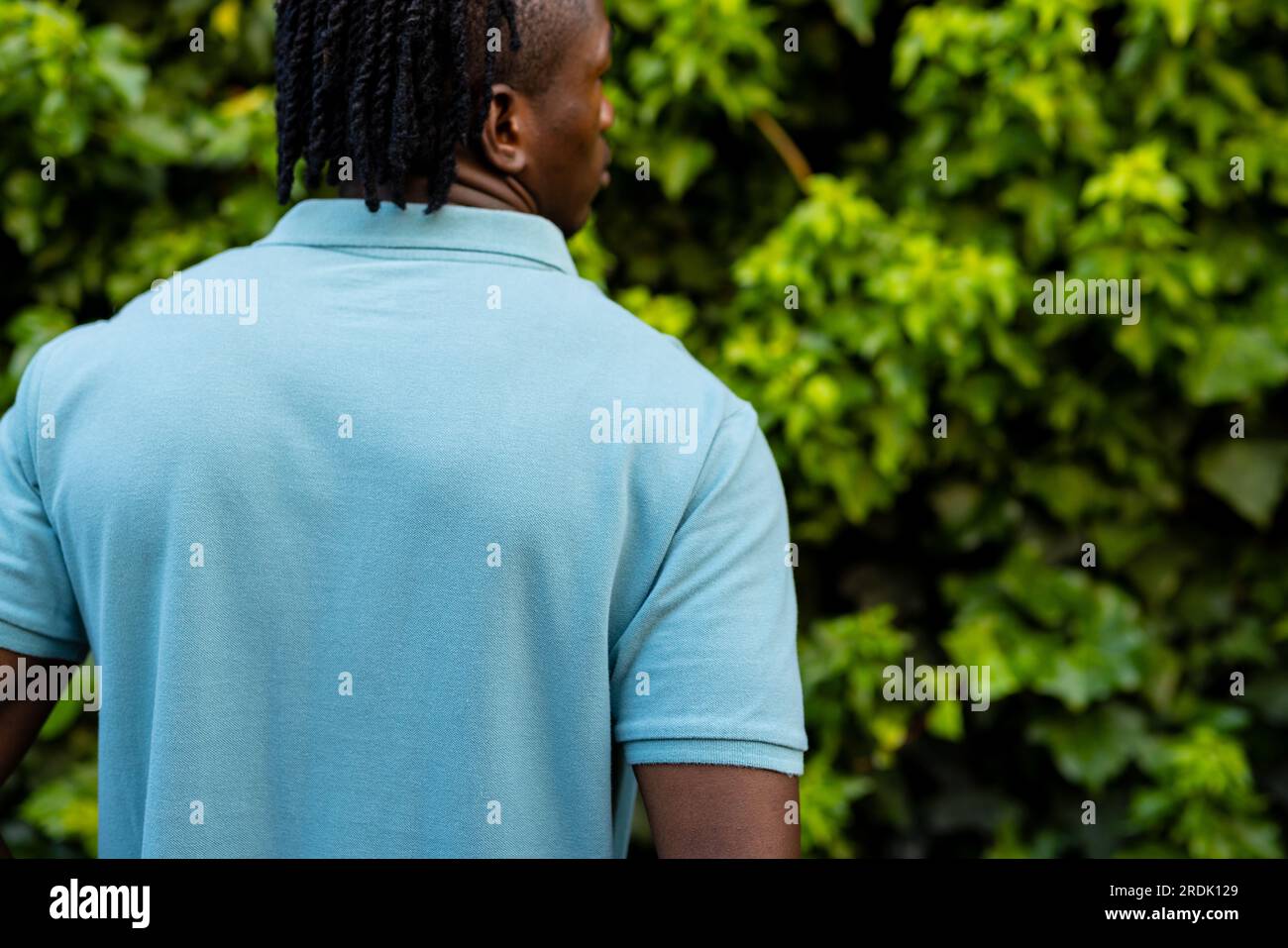 Rear view of african american man with dreadlocks wearing pale blue ...