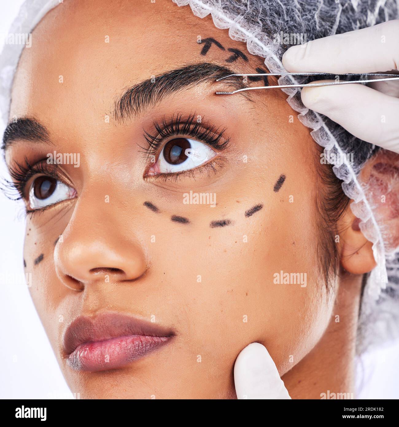Plastic surgery, beauty and dermatology with face of woman in studio ...