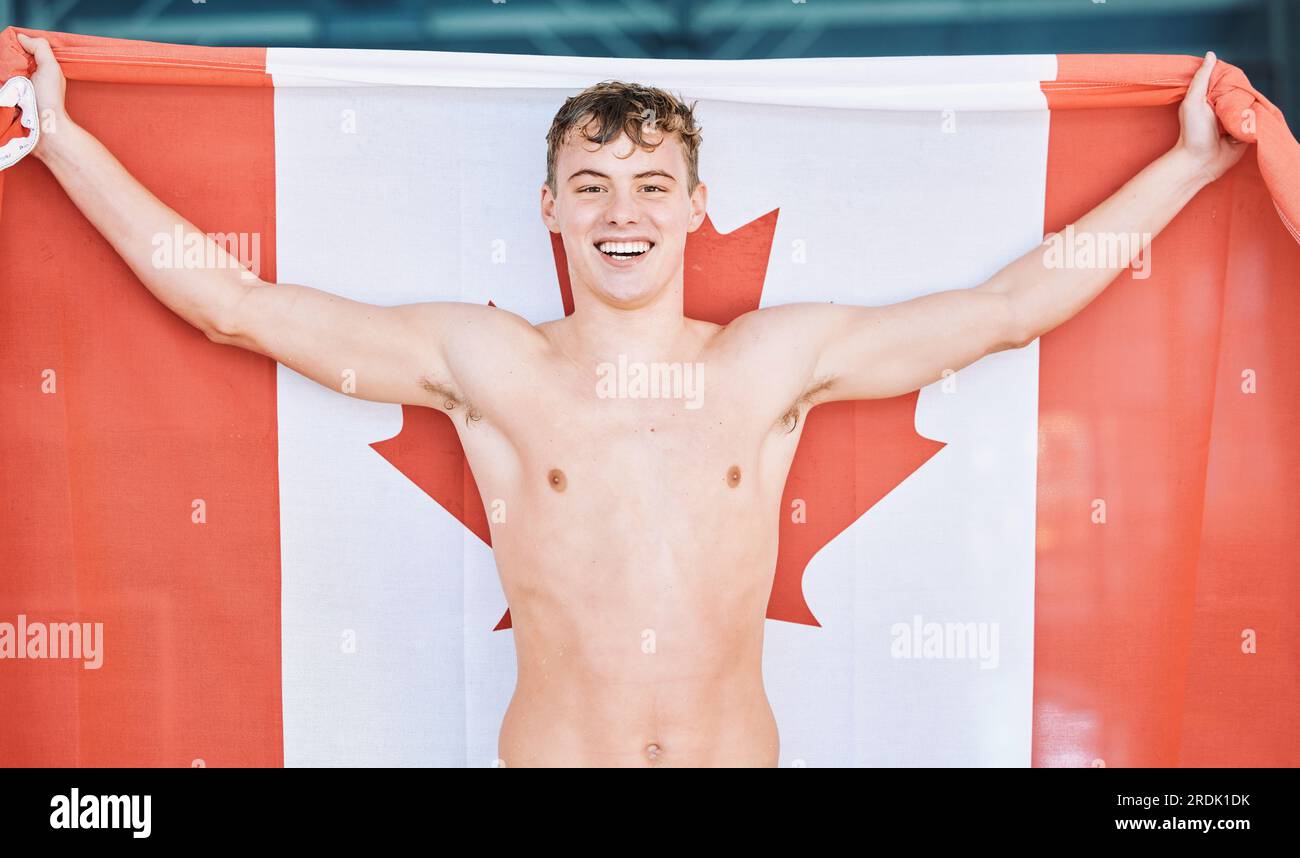 Canadian flag, smile and portrait of man for sport, swimming and Canada ...