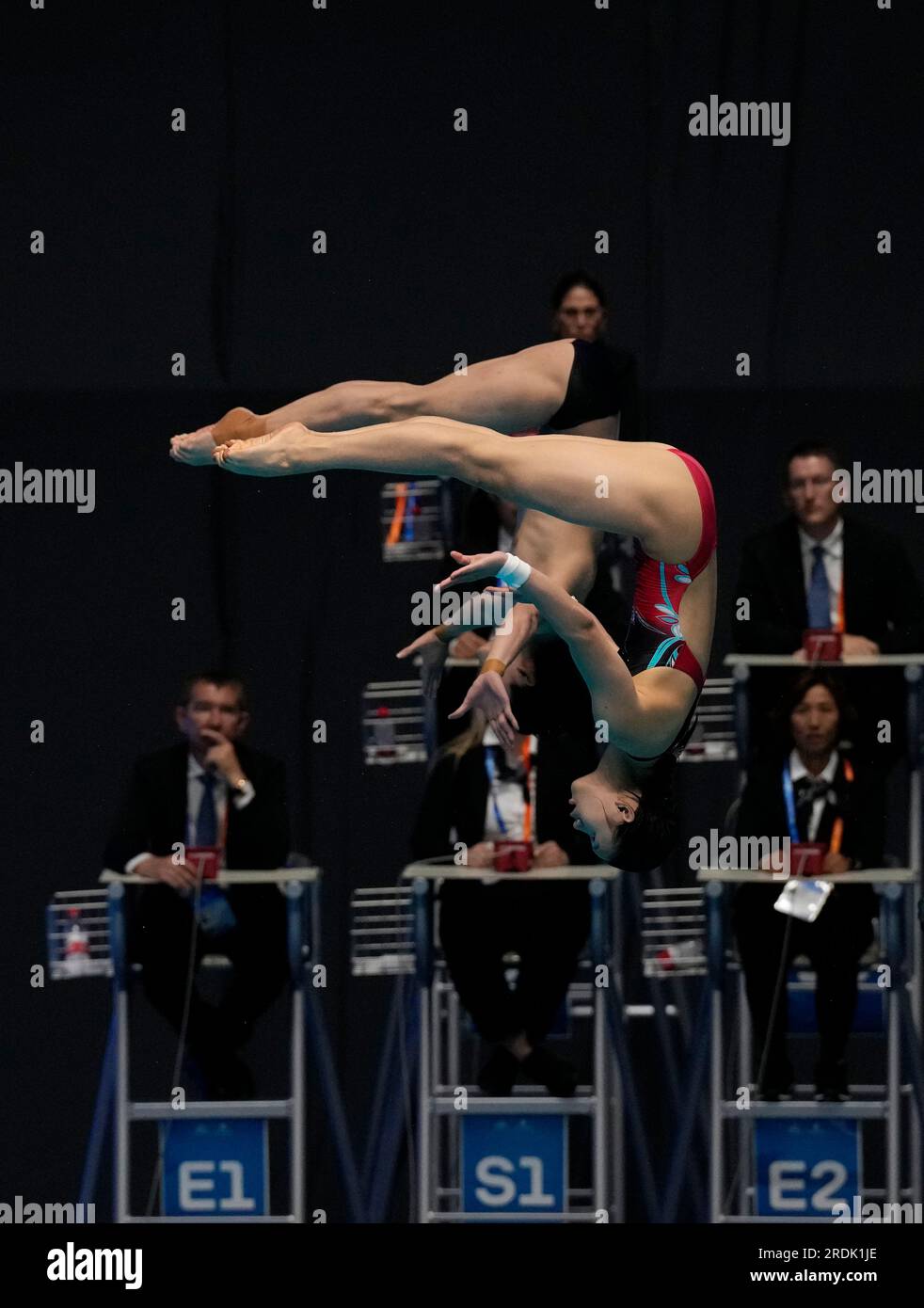 Zhu Zifeng and Lin Shan of China compete in the mixed diving 3m synchro ...