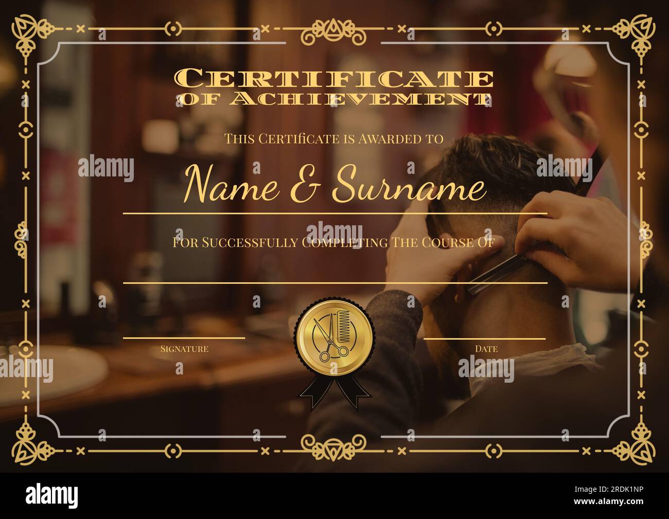 Certificate of achievement over caucasian female barber cutting asian ...