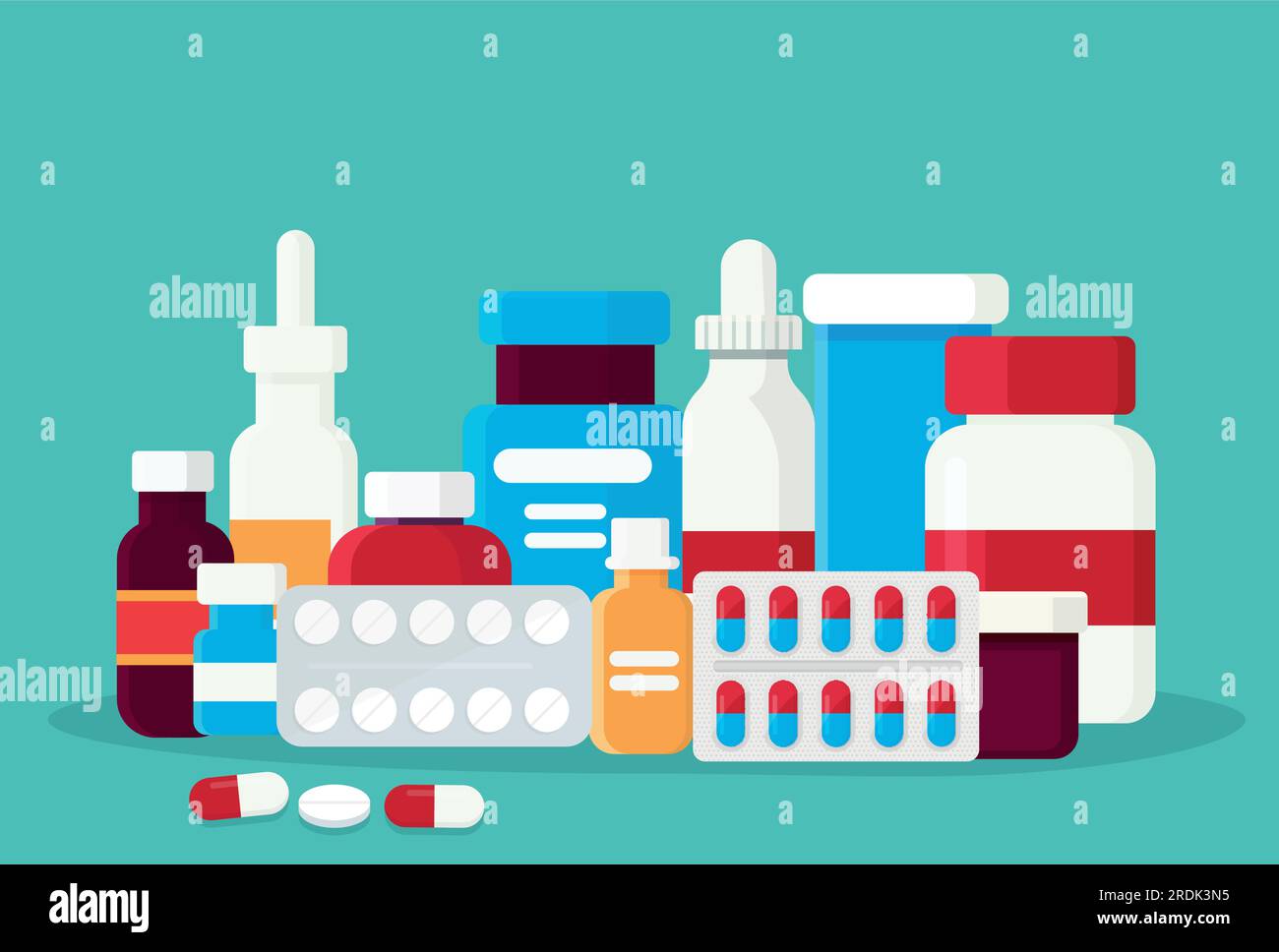 Pharmacy set items. Medicines, medical products. Vector illustration in ...
