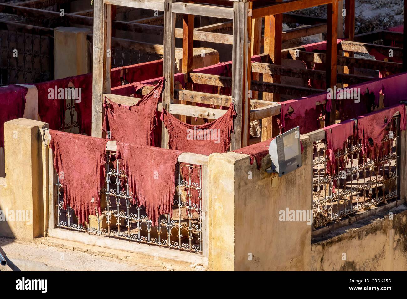 Dye reservoirs and vats in traditional tannery of city of Fez, Morocco ...