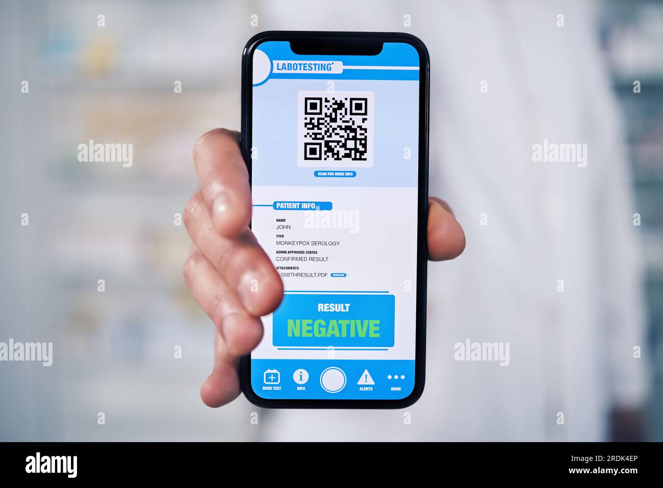Doctor, hands and phone with QR code for diagnosis, healthcare results or screening at pharmacy ...