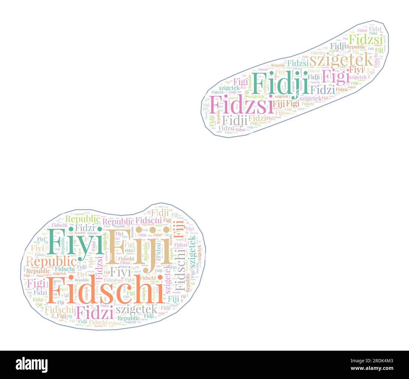 Fiji shape filled with country name in many languages. Fiji map in word ...