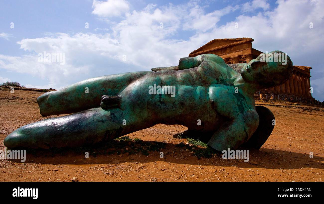 Super wide angle shot, bronze statue of fallen Icarus, Concordia Temple ...
