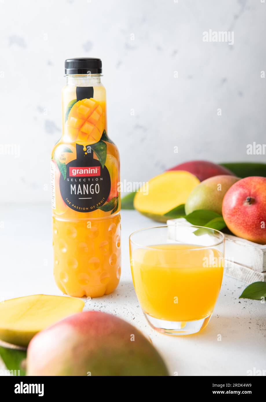 LONDON,UK - MAY 01, 2023: Bottle of Granini selection fresh mango juice ...