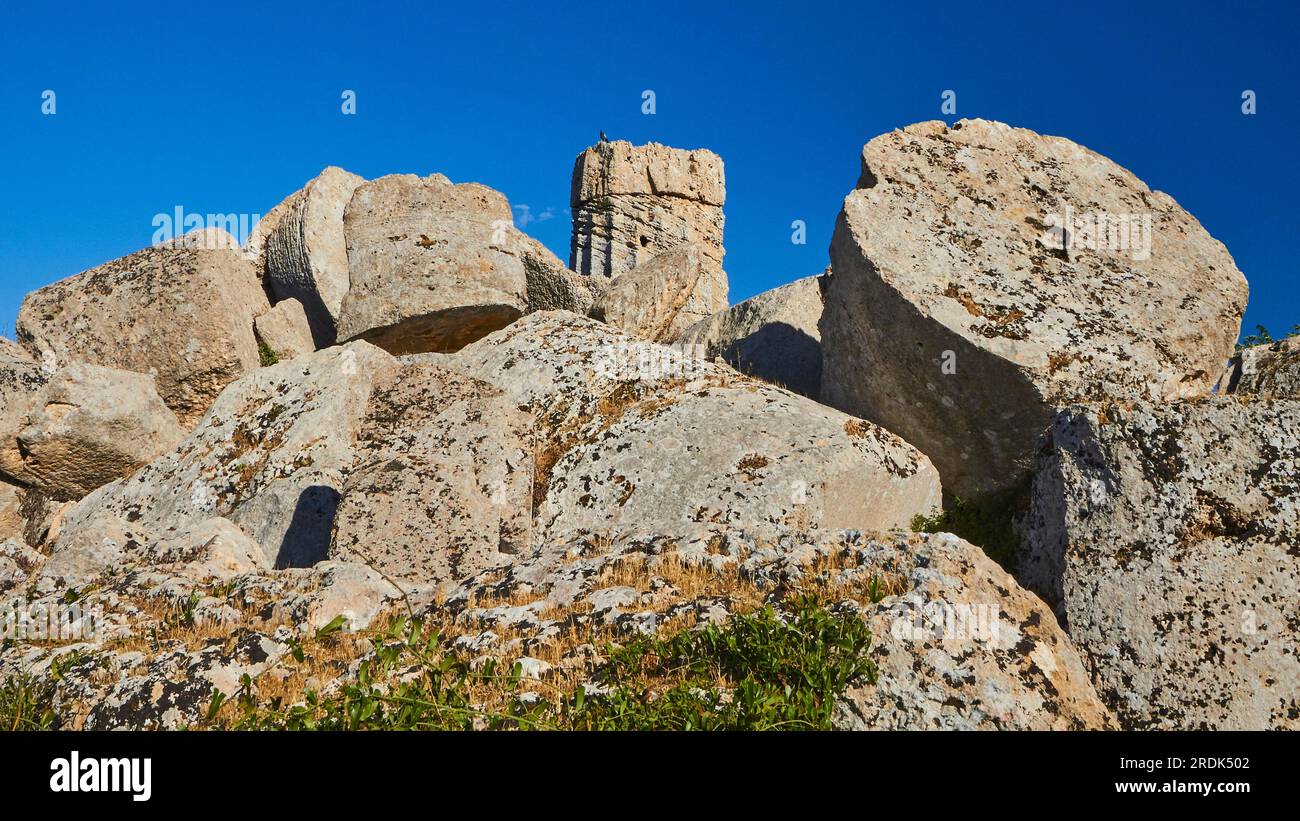 Super wide angle shot, column remains, blue sky, Temple G, Zeus Temple ...