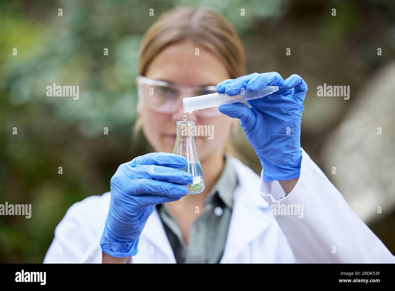 Forest, research and scientist test water sample for inspection of the ...