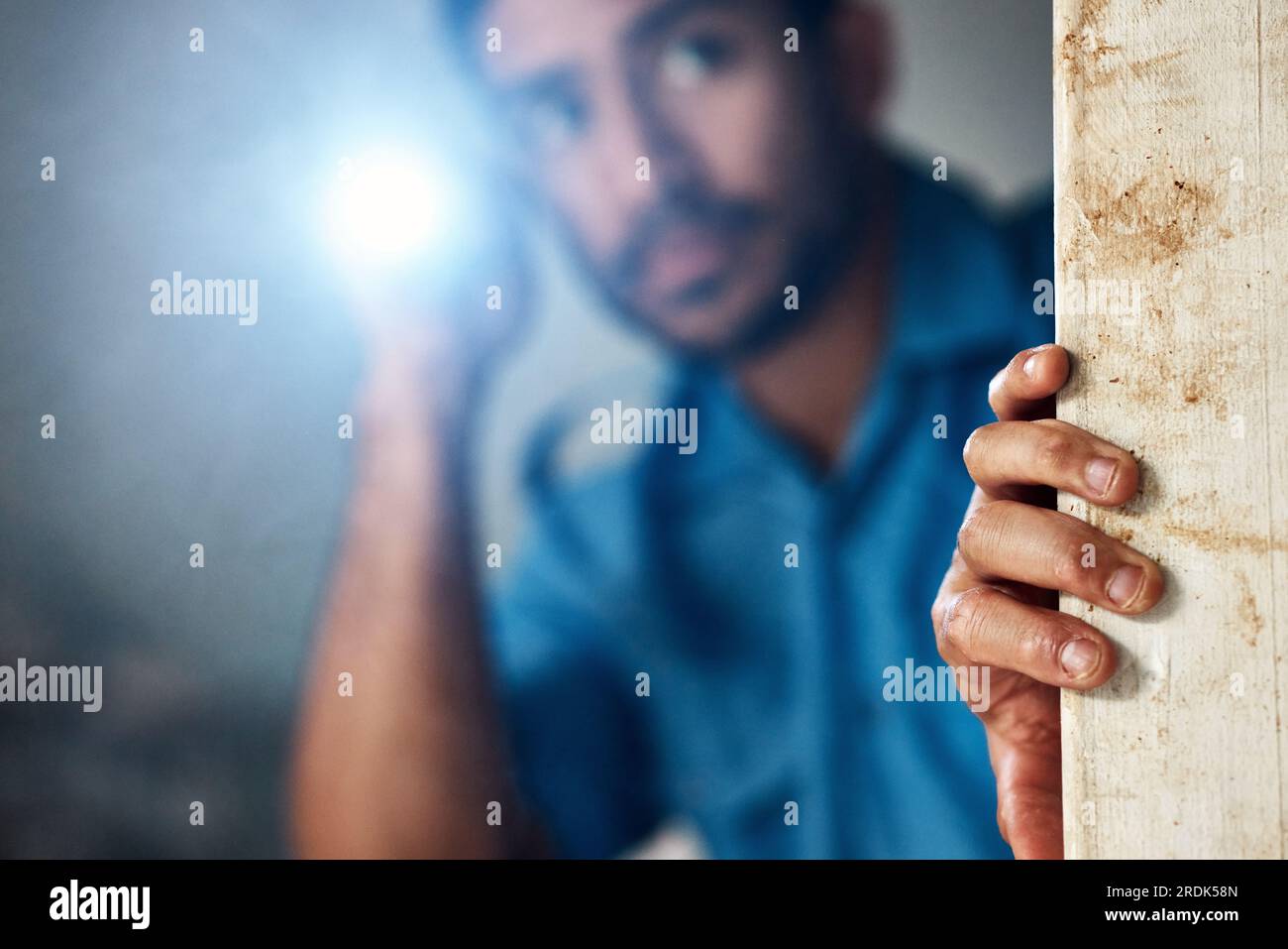 Flashlight, police and security man for search, inspection and property ...