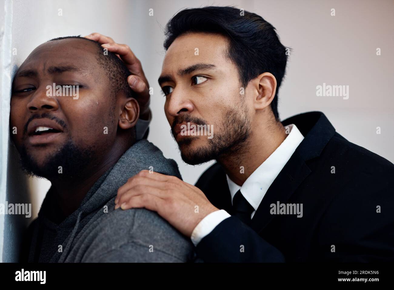 Police detective man, arrest criminal and interrogation with force ...