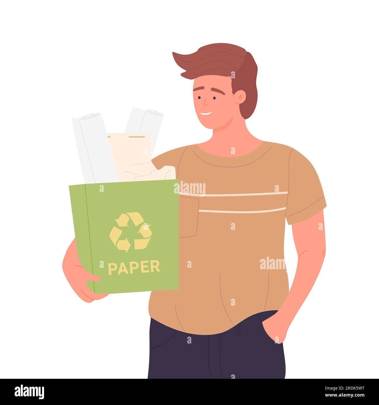Man with paper recycling bin. Waste management campaign, nature ecology ...