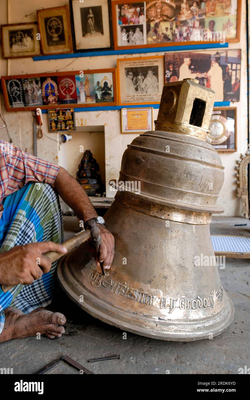 Artisan making a temple bell in Kumbakonam, Tamil Nadu, India, Asia ...
