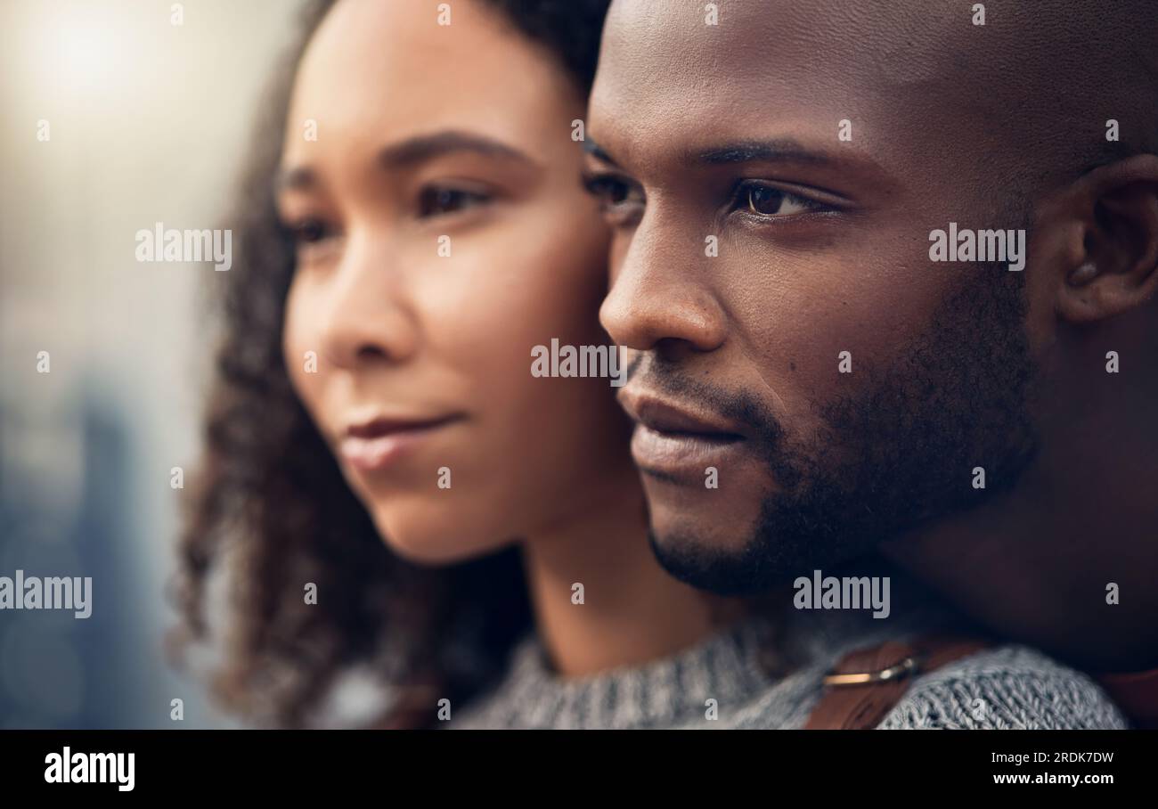 Love, peace and couple with marriage, hug and bonding with romance ...