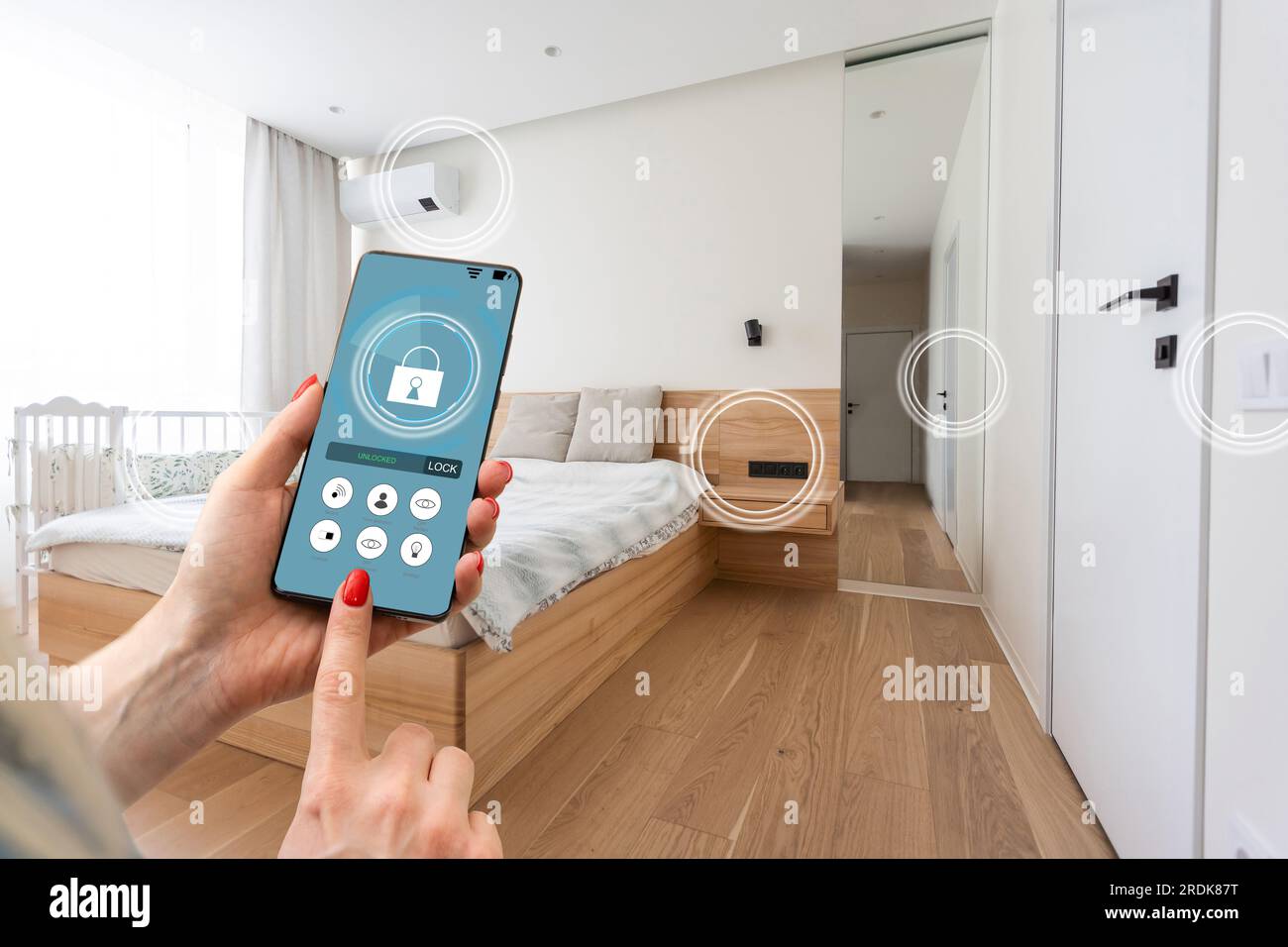 Smart home technology interface on smartphone app screen with augmented ...