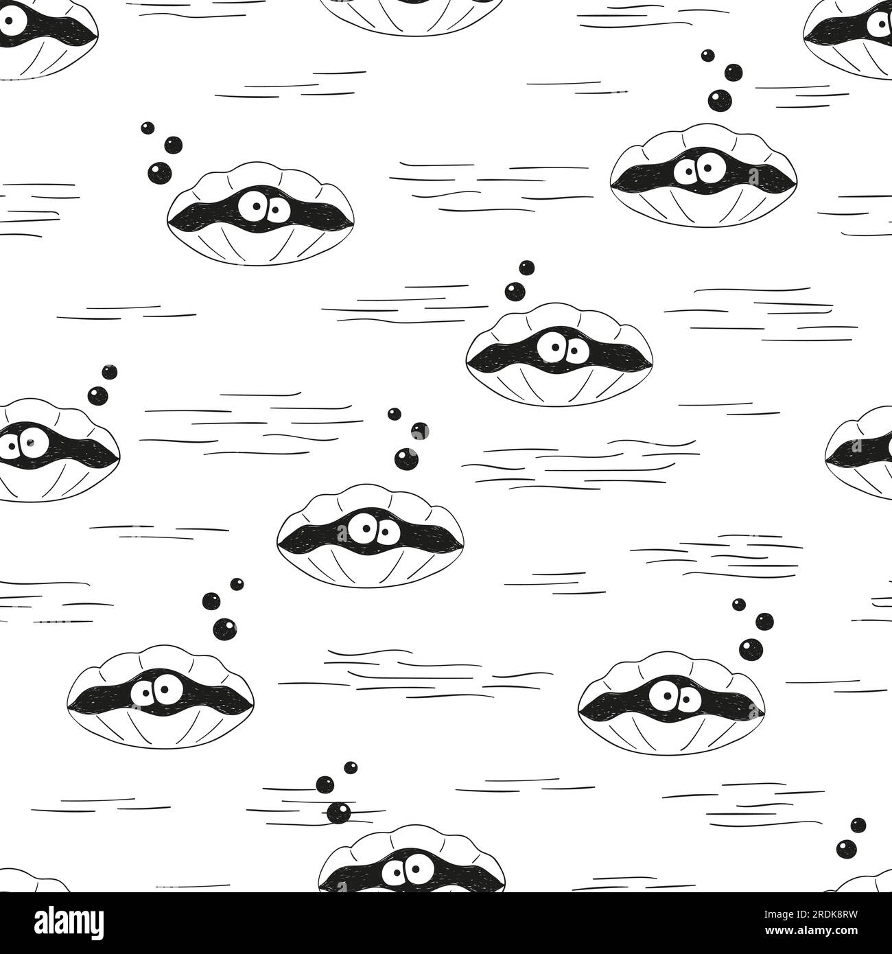 Seamless sea pattern with cute seashell. Vector doodle black and white ...