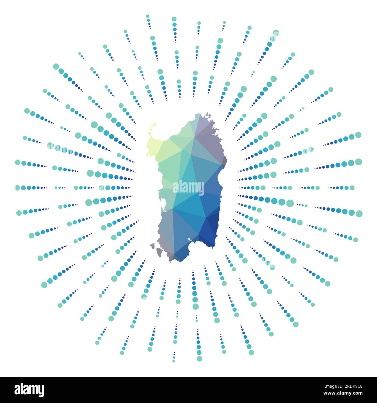 Shape of Sardinia, polygonal sunburst. Map of the island with colorful ...