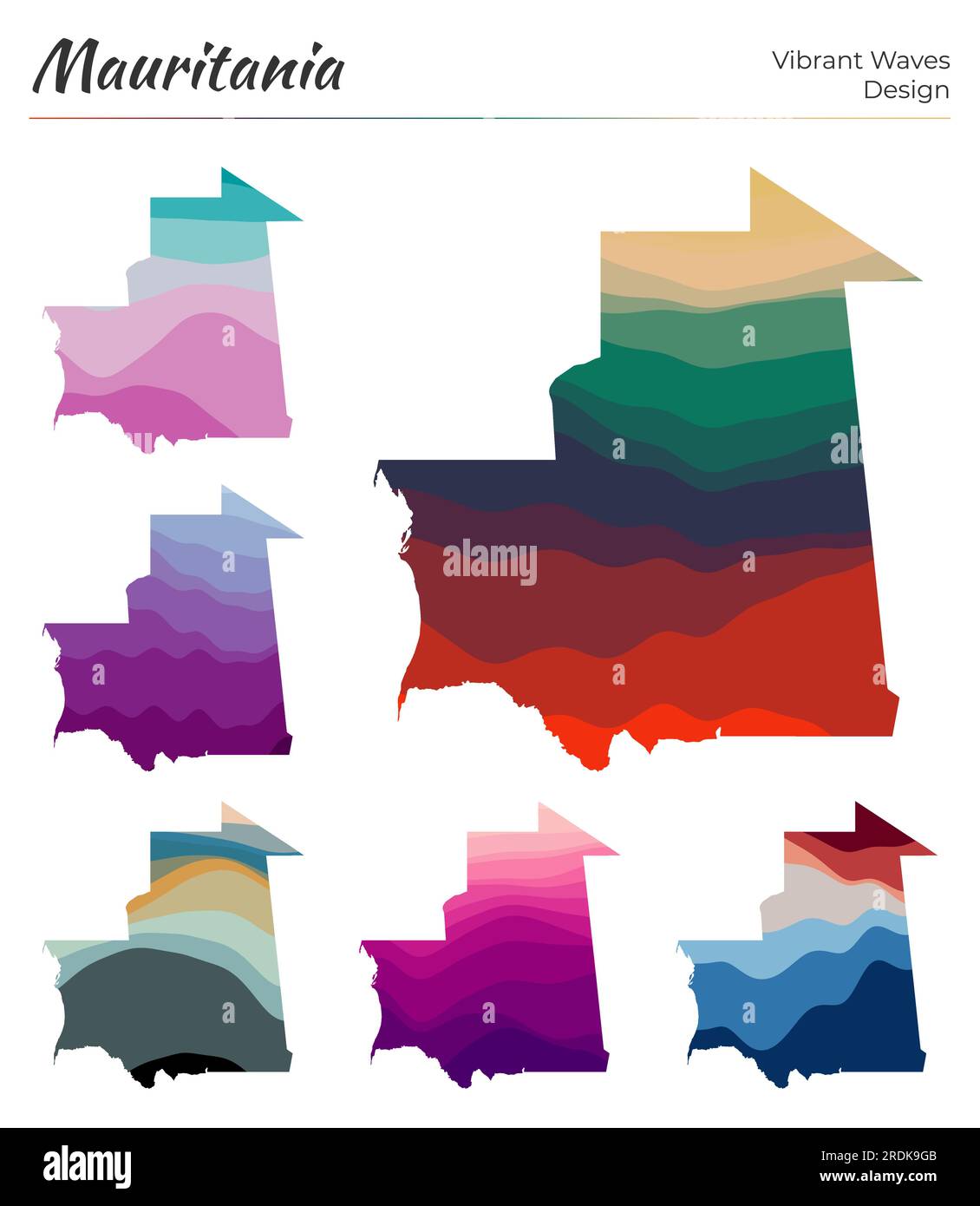 Set of vector maps of Mauritania. Vibrant waves design. Bright map of country in geometric ...