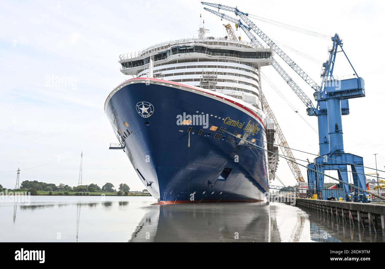 Papenburg, Germany. 22nd July, 2023. Cruise ship "Carnival Jubilee" lies in the shipyard harbor ...