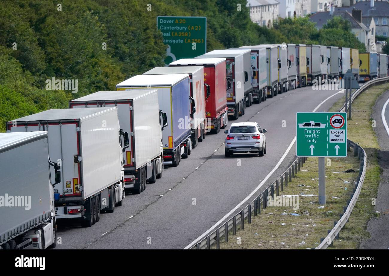 Lorries queue along the A20 in Kent as they wait to enter the Port of ...