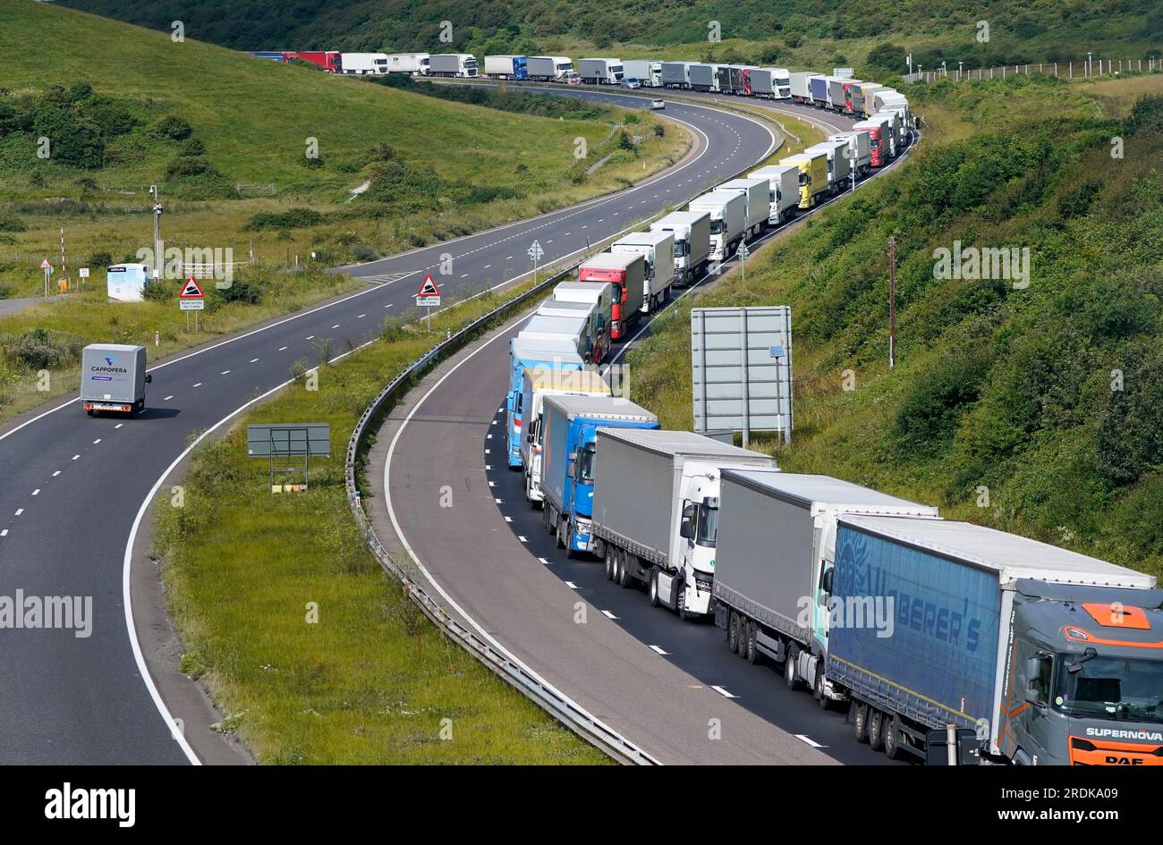 Lorries queue along the A20 in Kent as they wait to enter the Port of ...