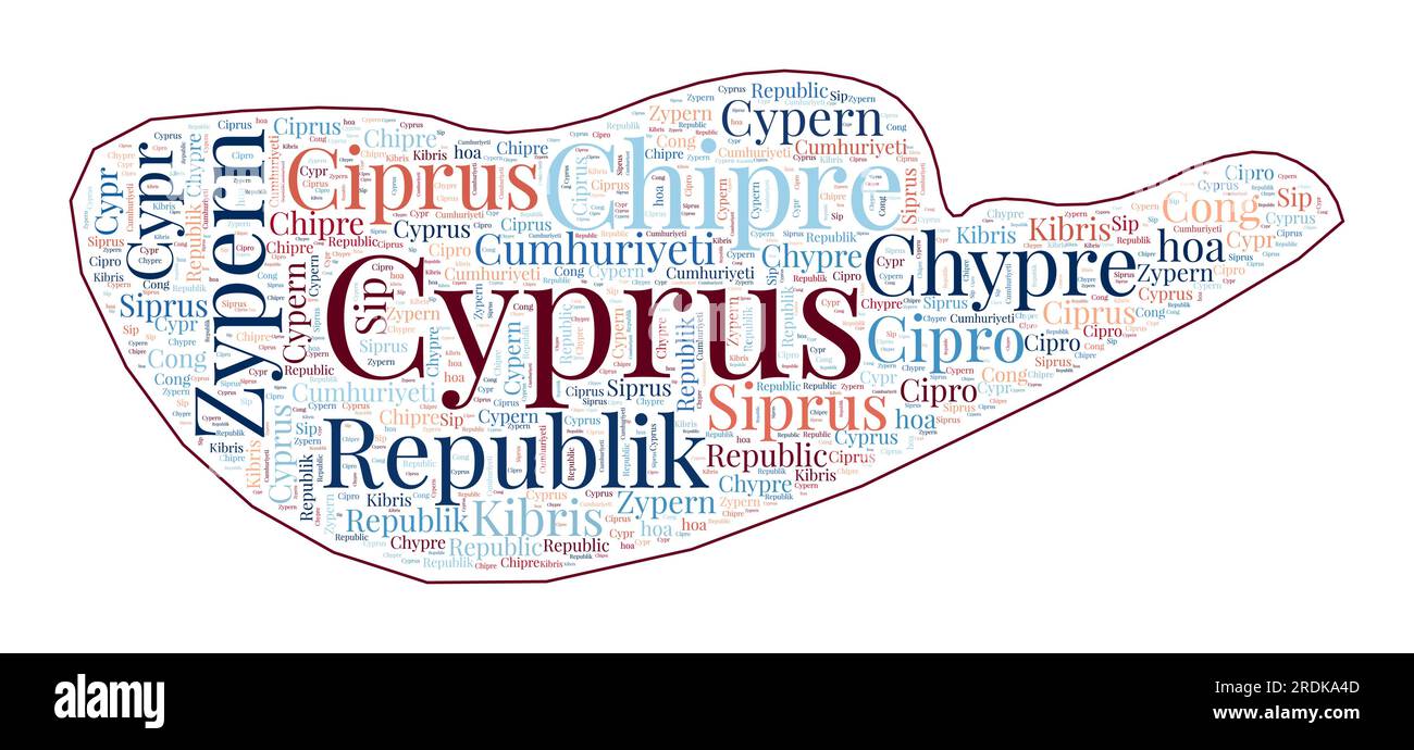 Cyprus shape filled with country name in many languages. Cyprus map in ...