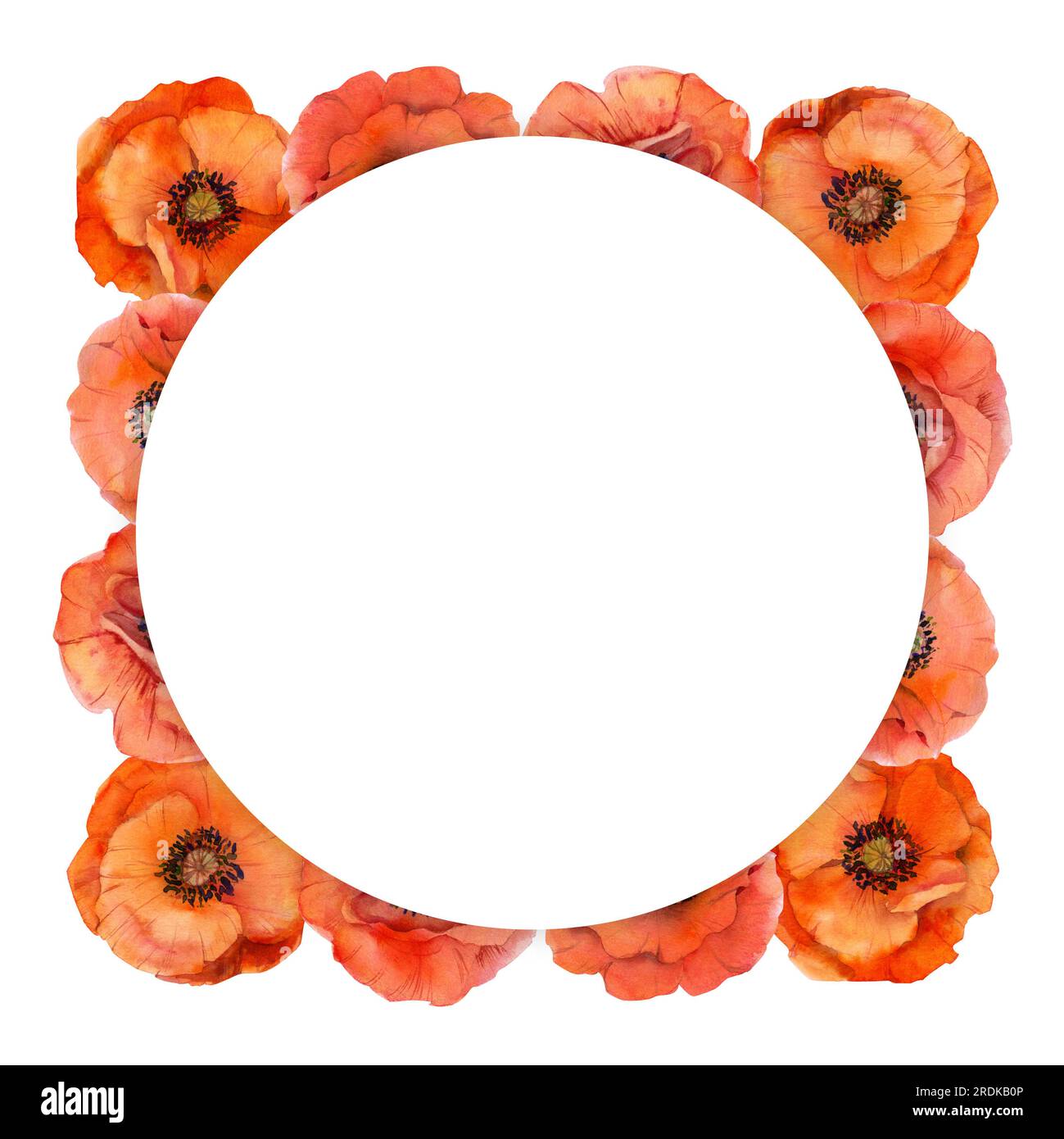 Watercolor wreath circle frame composition with hand drawn summer ...