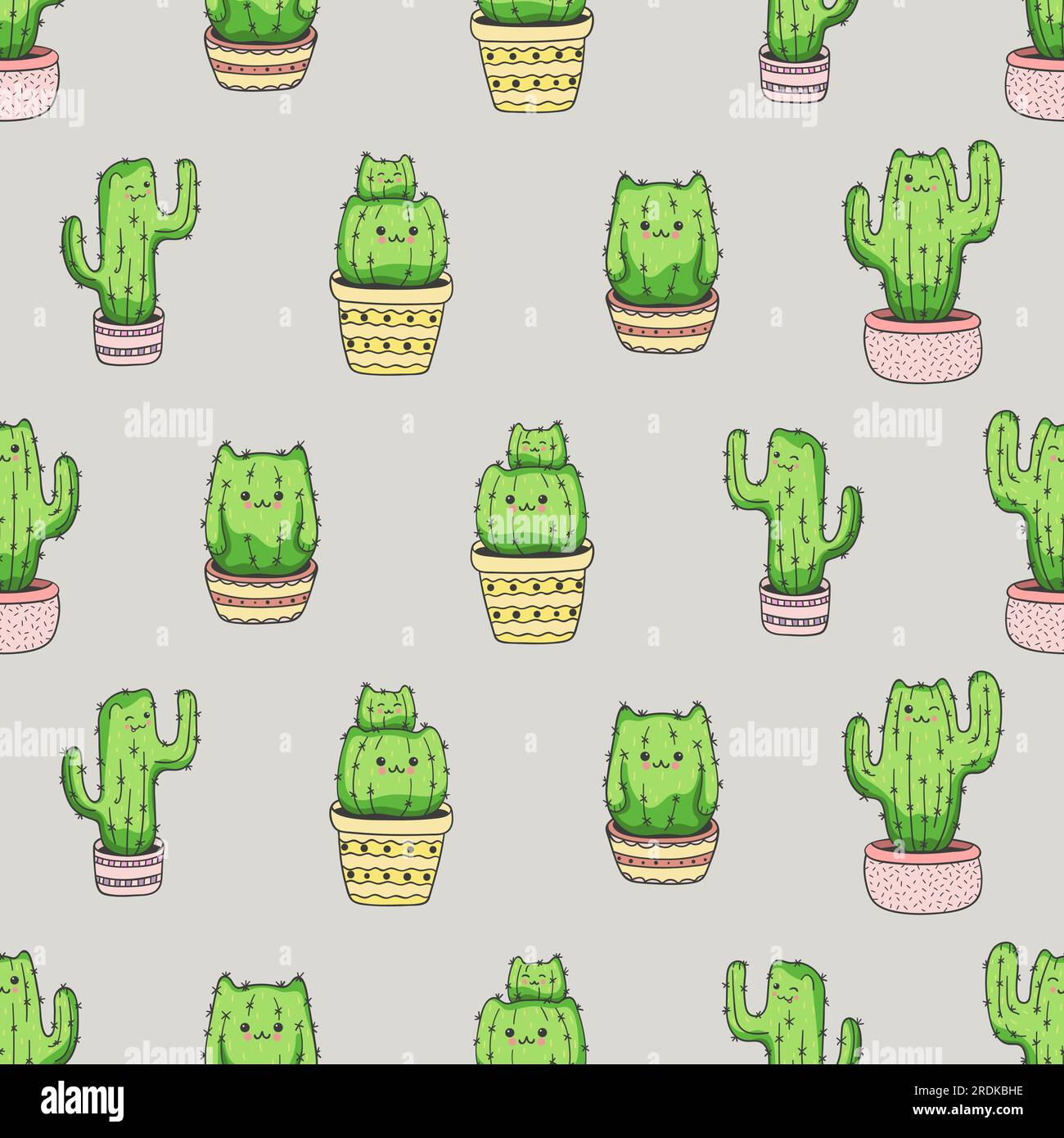 Cactus cats seamless pattern. Vector background with cute cartoon ...